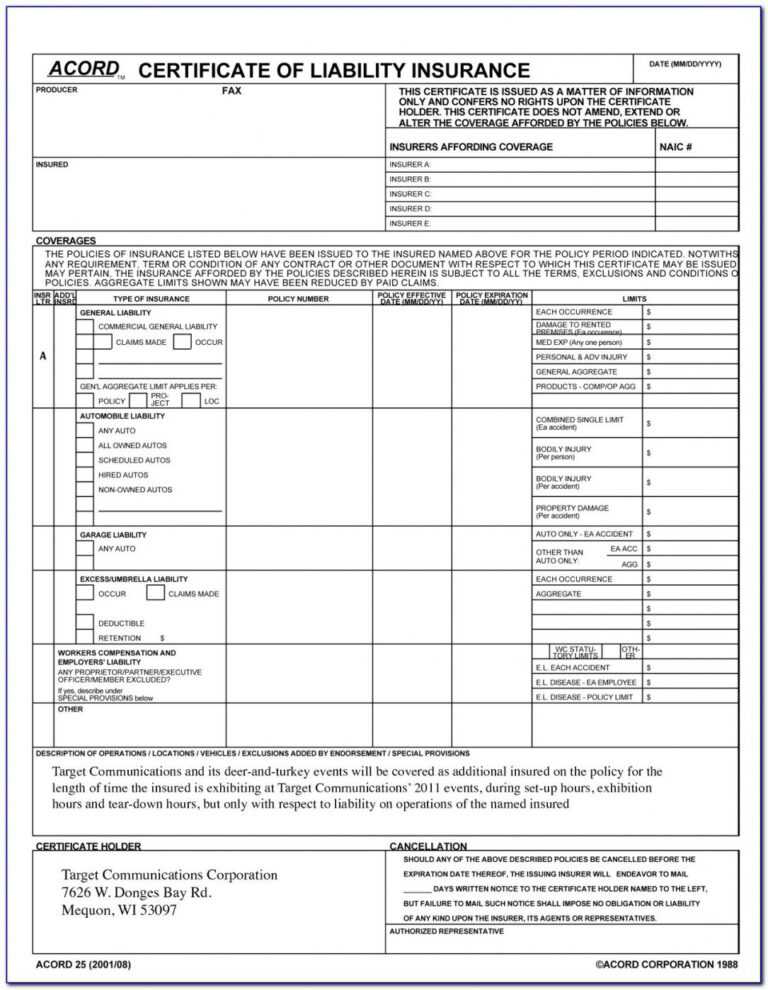 Accord Certificate Of Liability Insurance Form throughout Acord ...