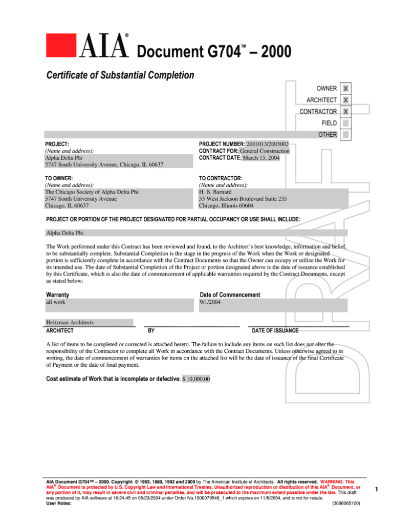 Aia G704 – Fill Online, Printable, Fillable, Blank | Pdffiller inside Certificate Of Substantial ...