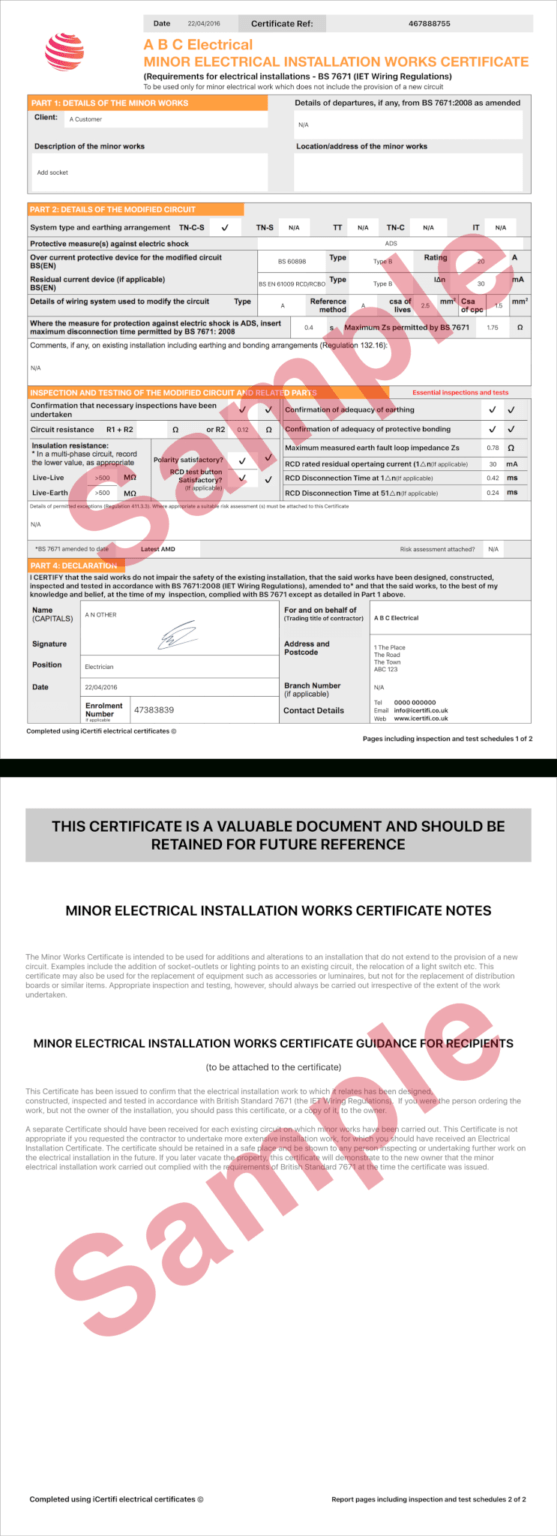 Electrical Certificate – Example Minor Works Certificate regarding ...