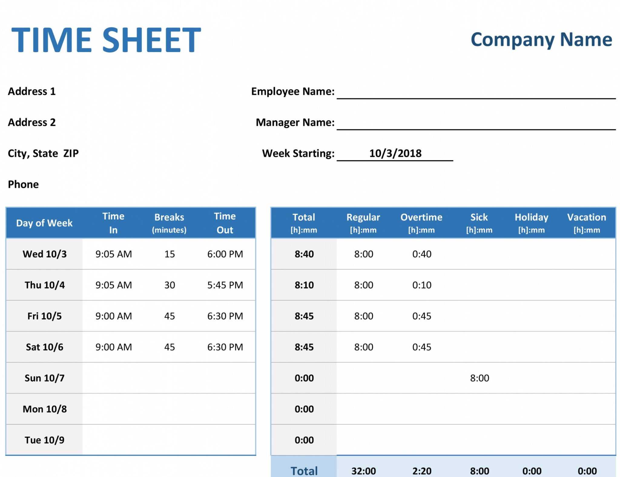 Free Weekly Time Sheet With Tasks And Overtime Overtime inside Weekly ...