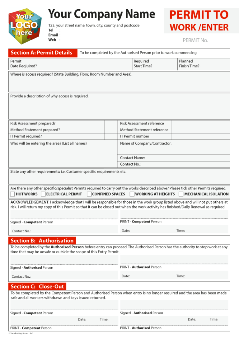 Permit To Work Template For Carbonless Printing From £40 for Electrical ...
