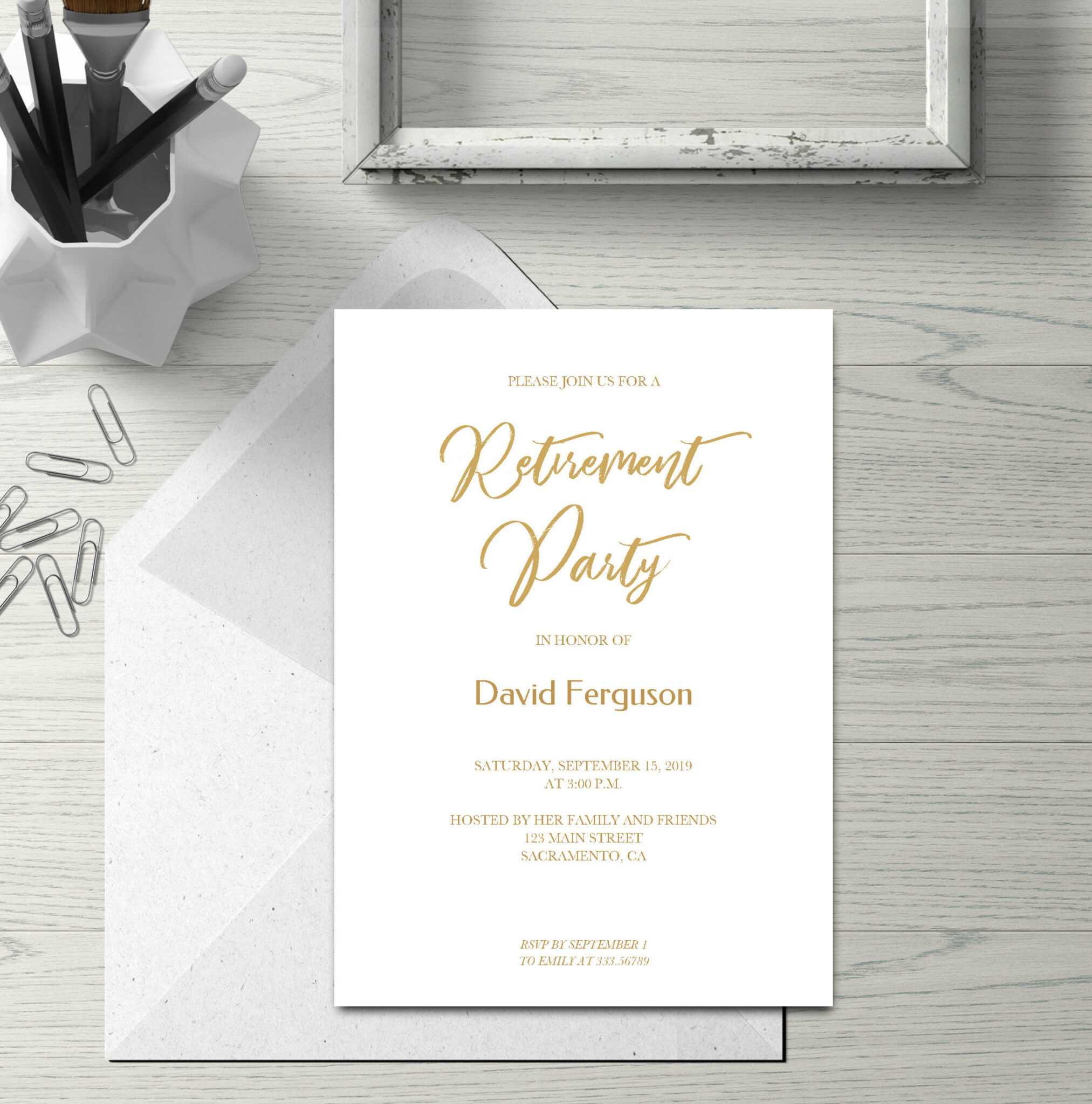 Retirement Party Invitation Card In Gold, Simple Calligraphy throughout ...